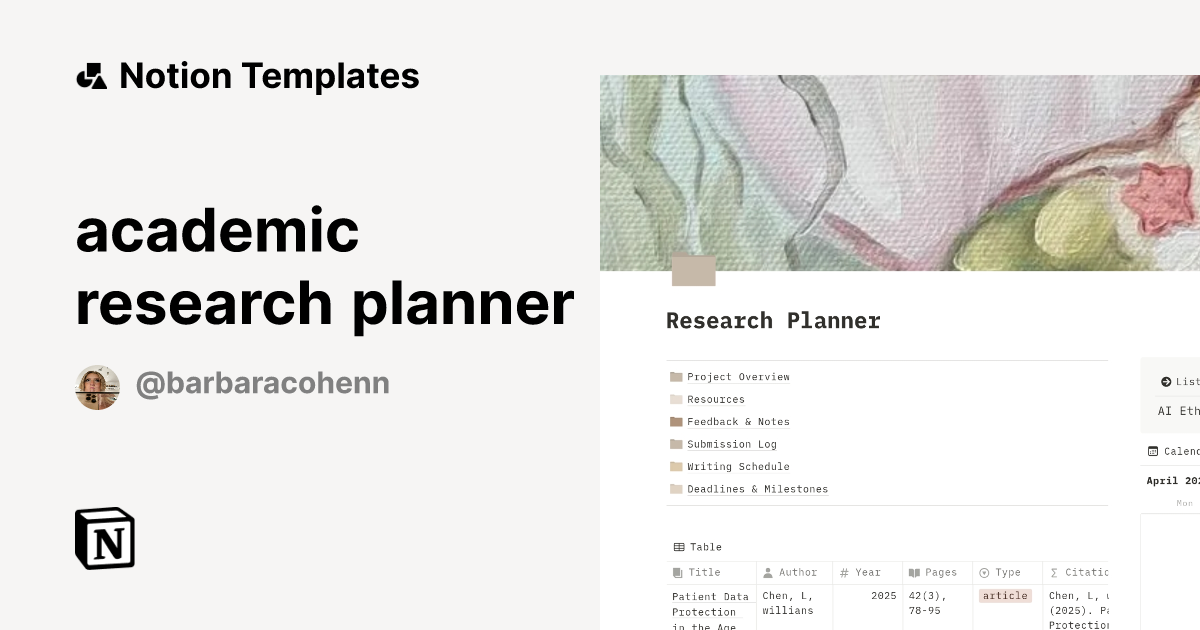 academic research planner Template by Bárbara cohen | Notion Marketplace