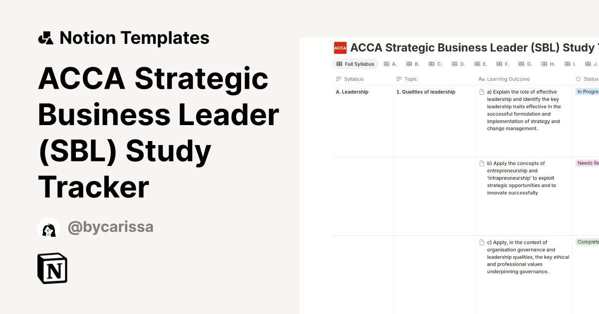 ACCA Strategic Business Leader (SBL) Study Tracker Template | Notion ...