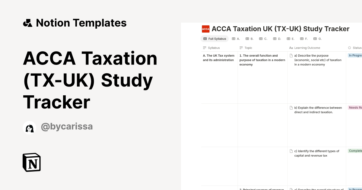 ACCA Taxation (TX-UK) Study Tracker Template by Carissa | Notion ...