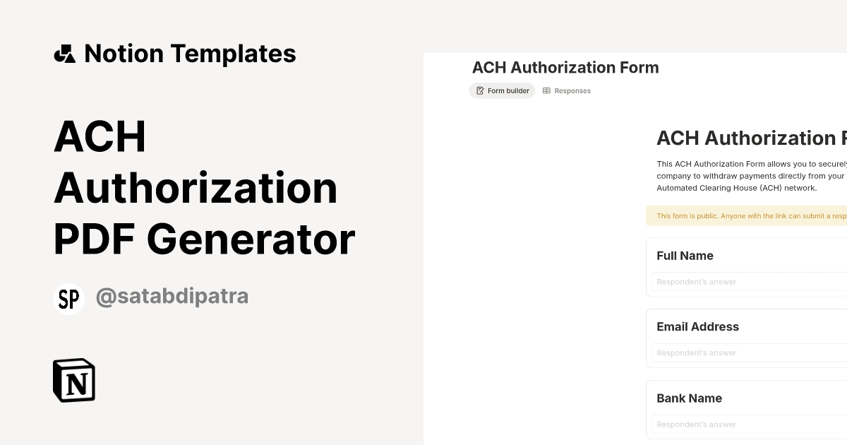 ACH Authorization PDF Generator Template | Notion Marketplace