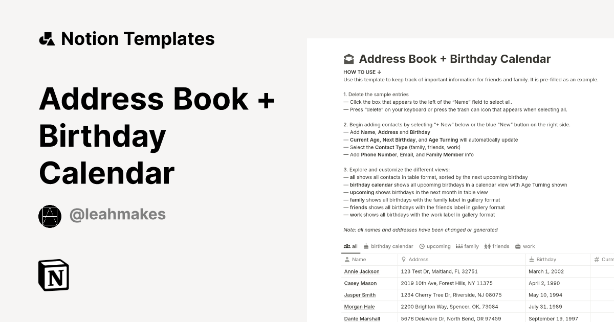 Address Book + Birthday Calendar Template by LeahMakes | Notion Marketplace