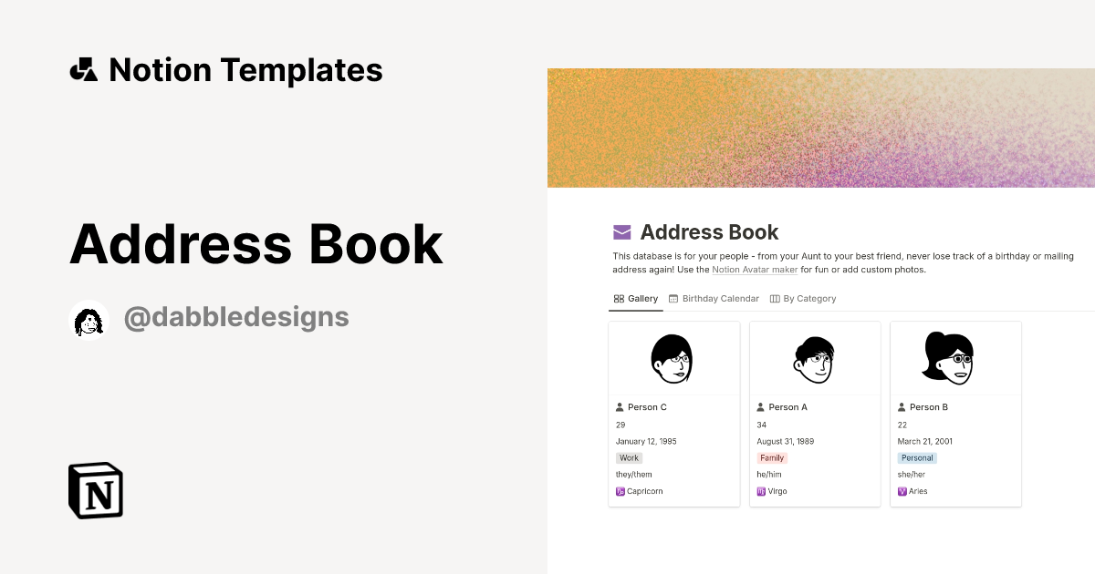 Address Book Template by Dabble Designs | Notion Marketplace