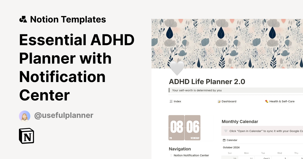 Essential ADHD Planner with Notification Center Template | Notion ...