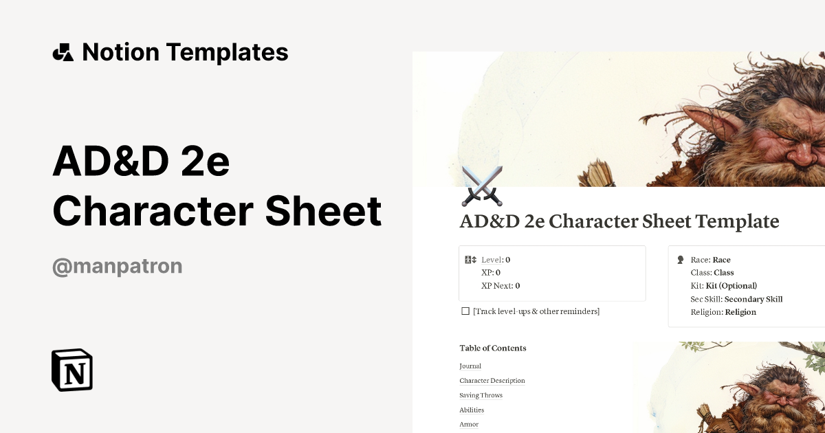 AD&D 2e Character Sheet Template by man-patron | Notion Marketplace