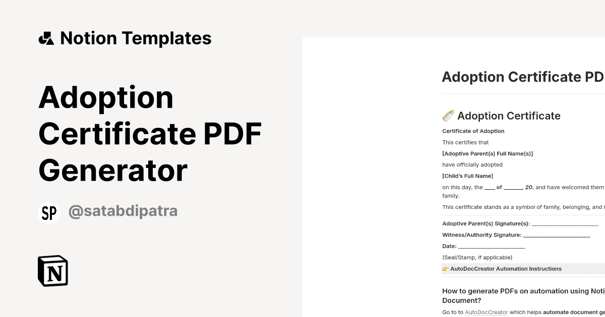 Adoption Certificate PDF Generator Template | Notion Marketplace