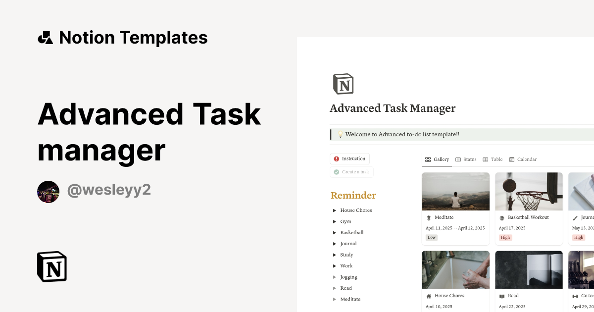 Advanced Task manager Template by Wesleyy | Notion Marketplace