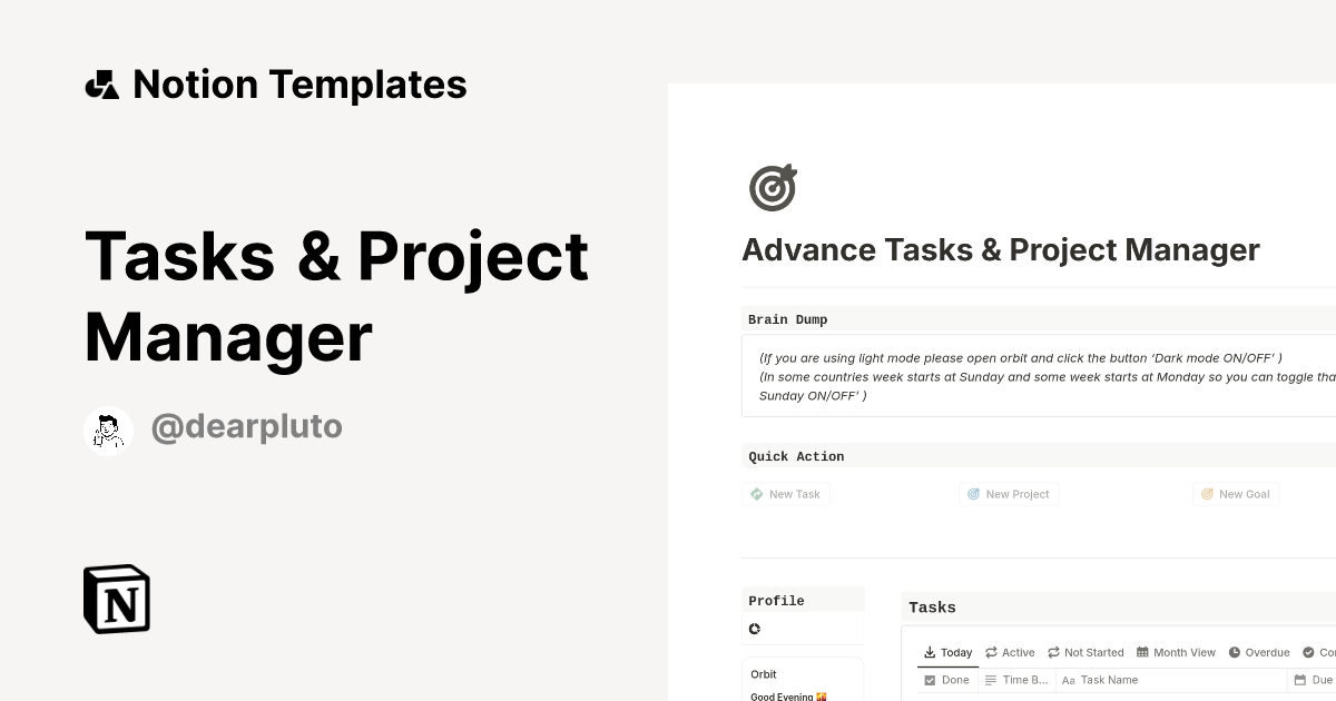Tasks & Project Manager Template by dearpluto | Notion Marketplace