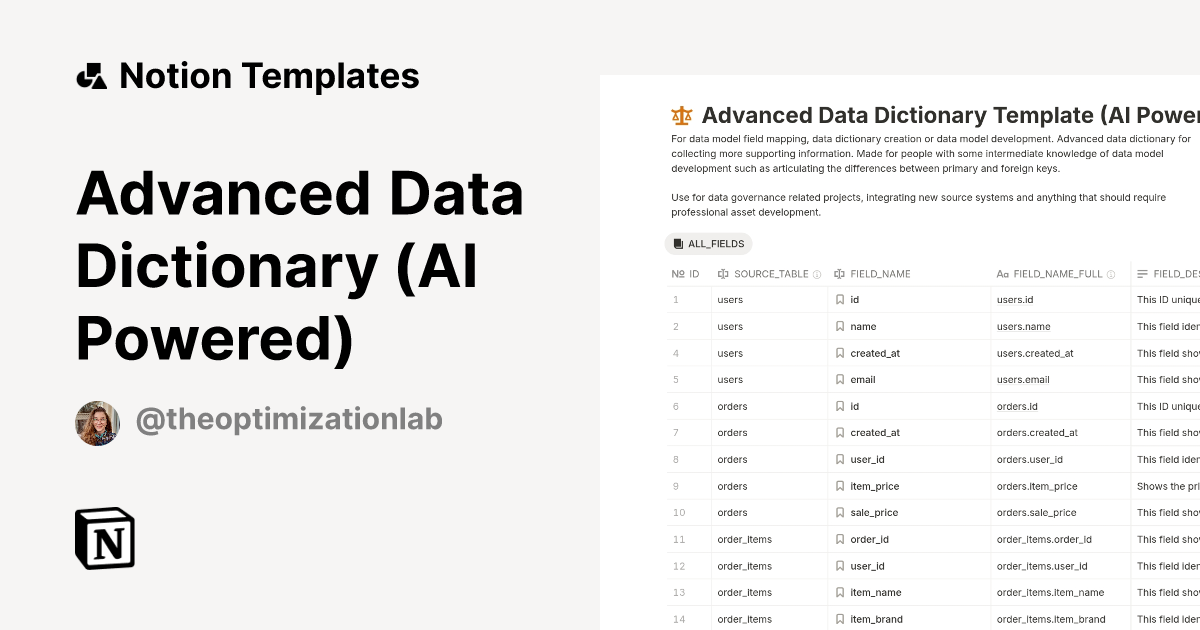 Advanced Data Dictionary (AI Powered) Template by Tera Earlywine | Notion Marketplace