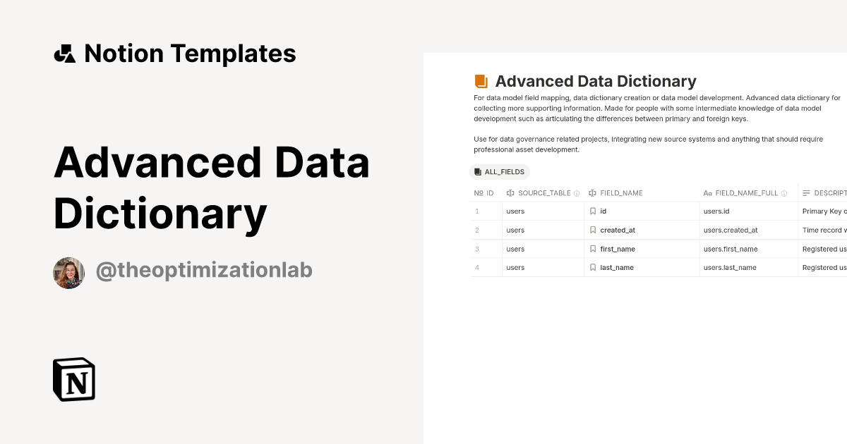 Advanced Data Dictionary Template | Notion Marketplace