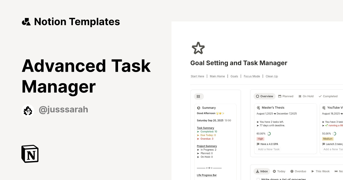 Advanced Task Manager Template by Sarah | Notion Marketplace
