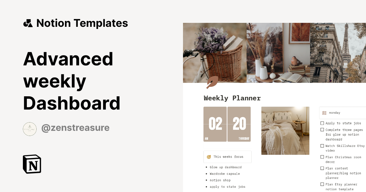 Advanced weekly Dashboard Template by Zen Treasure | Notion Marketplace