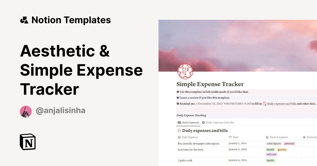 Aesthetic & Simple Expense Tracker Template by Anjali Sinha | Notion Marketplace