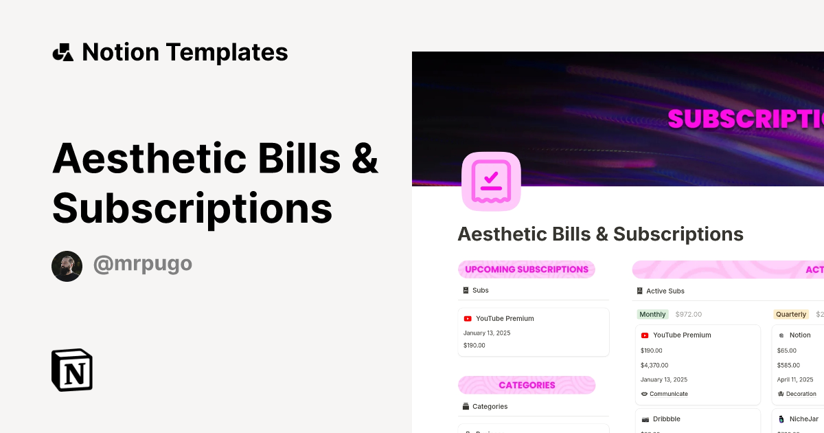 Aesthetic Bills & Subscriptions Template | Notion Marketplace