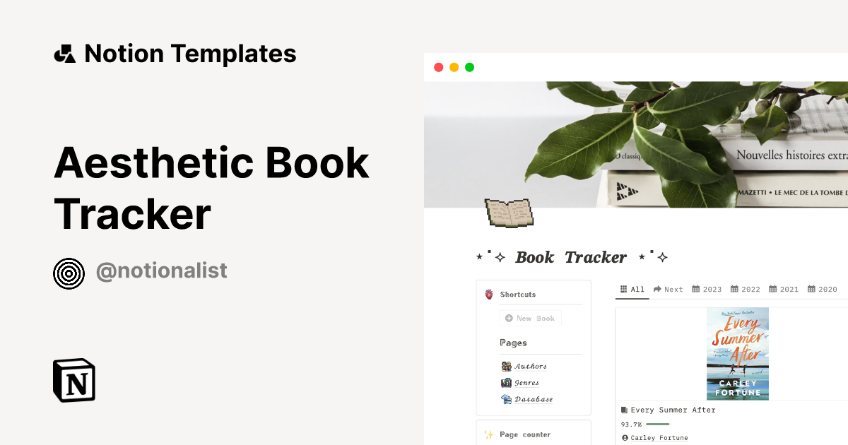 Aesthetic Book Tracker Template by Notionalist | Notion Marketplace