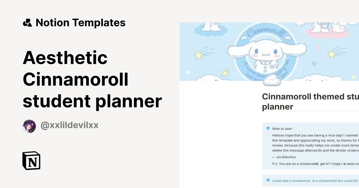 Aesthetic Cinnamoroll student planner Template by ⋆｡‧˚ʚ xxLilDevilxx ɞ˚‧｡⋆ | Notion Marketplace