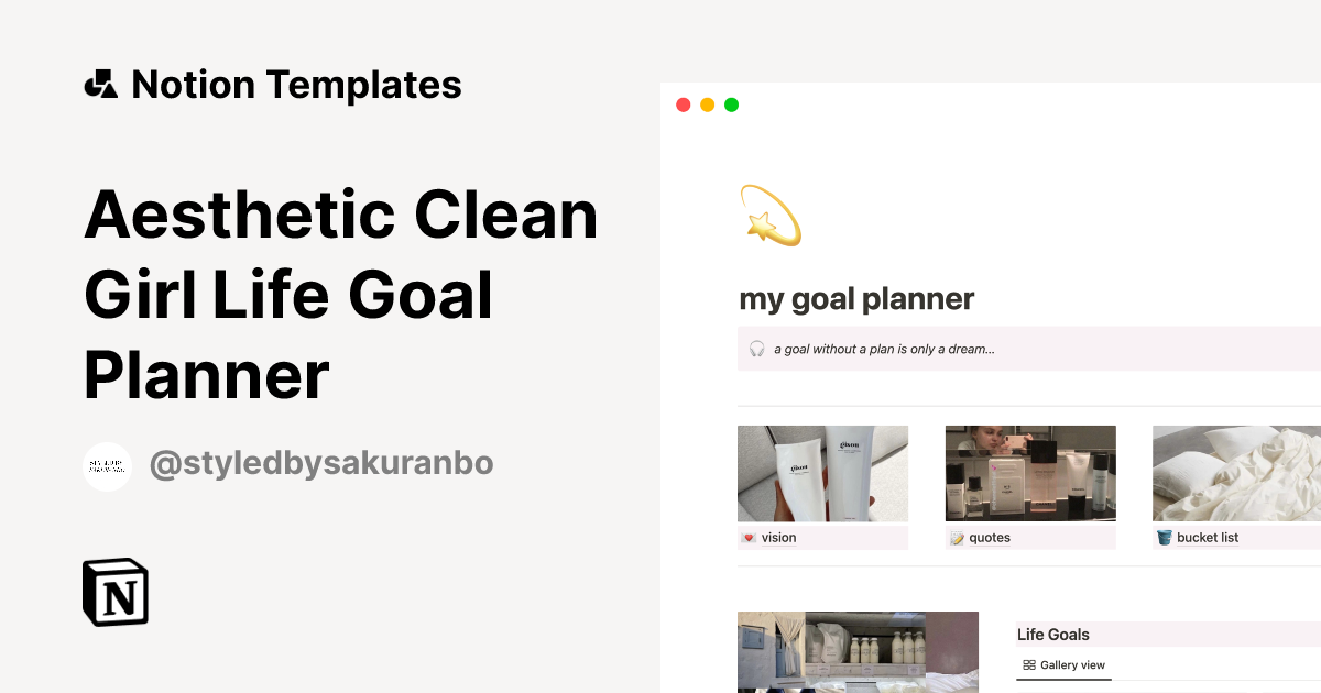 Aesthetic Clean Girl Life Goal Planner Template by Styled by Sakuranbo ...