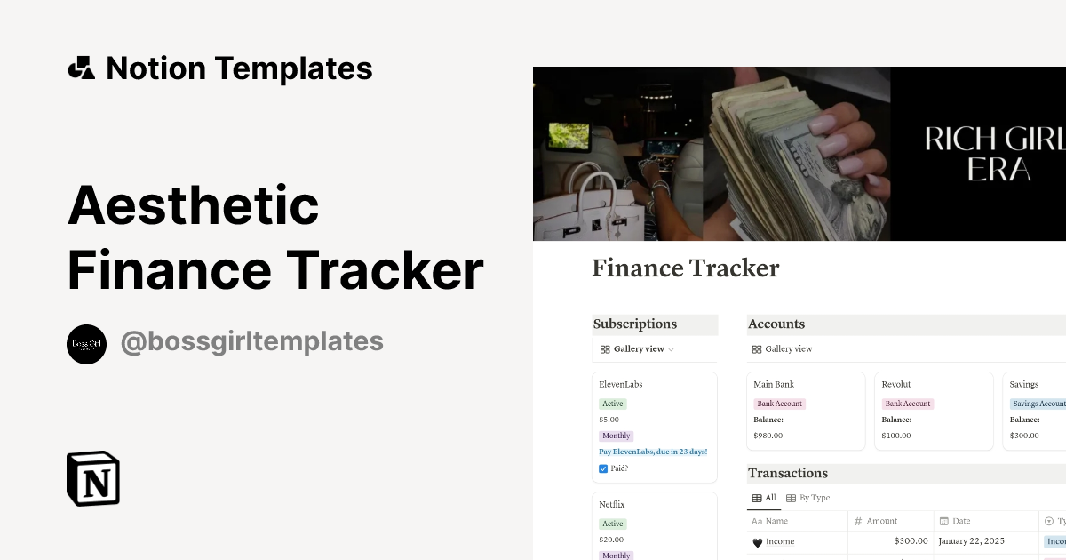 Aesthetic Finance Tracker Template by Boss Girl Templates | Notion ...