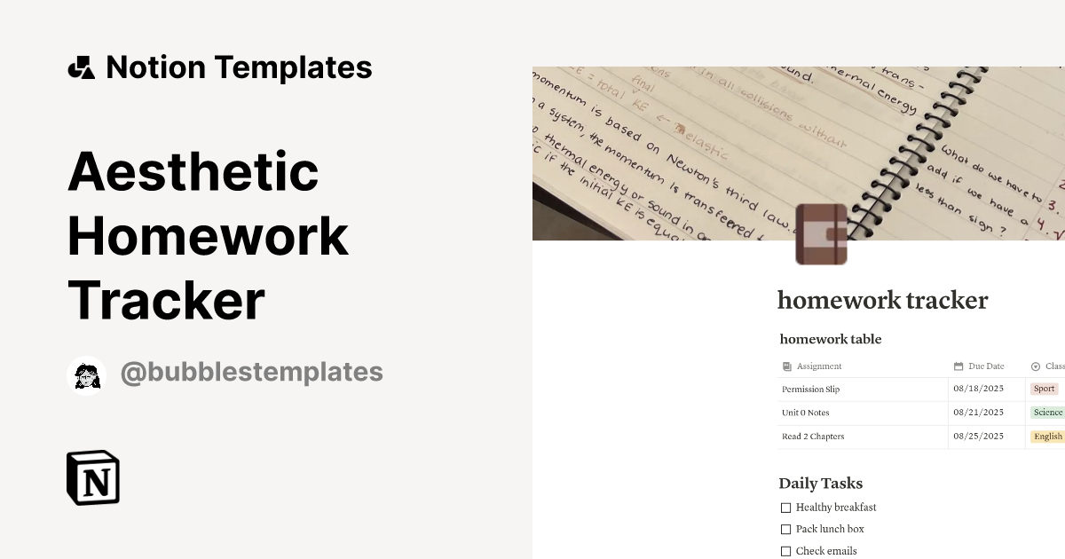 Aesthetic Homework Tracker Template | Notion Marketplace