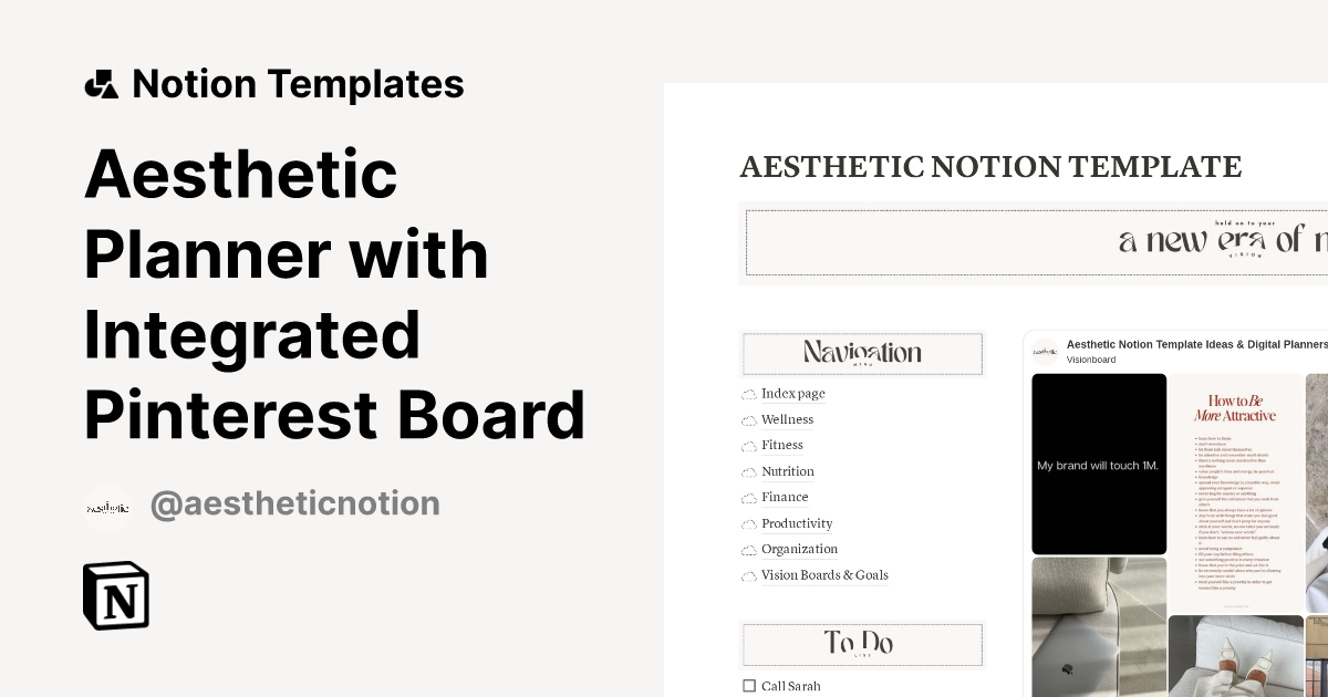 Aesthetic Planner with Integrated Pinterest Board Template | Notion ...