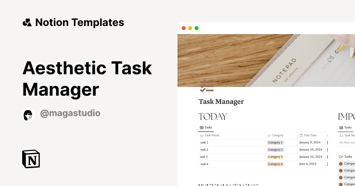 Aesthetic Task Manager Template by Leis | Notion Marketplace