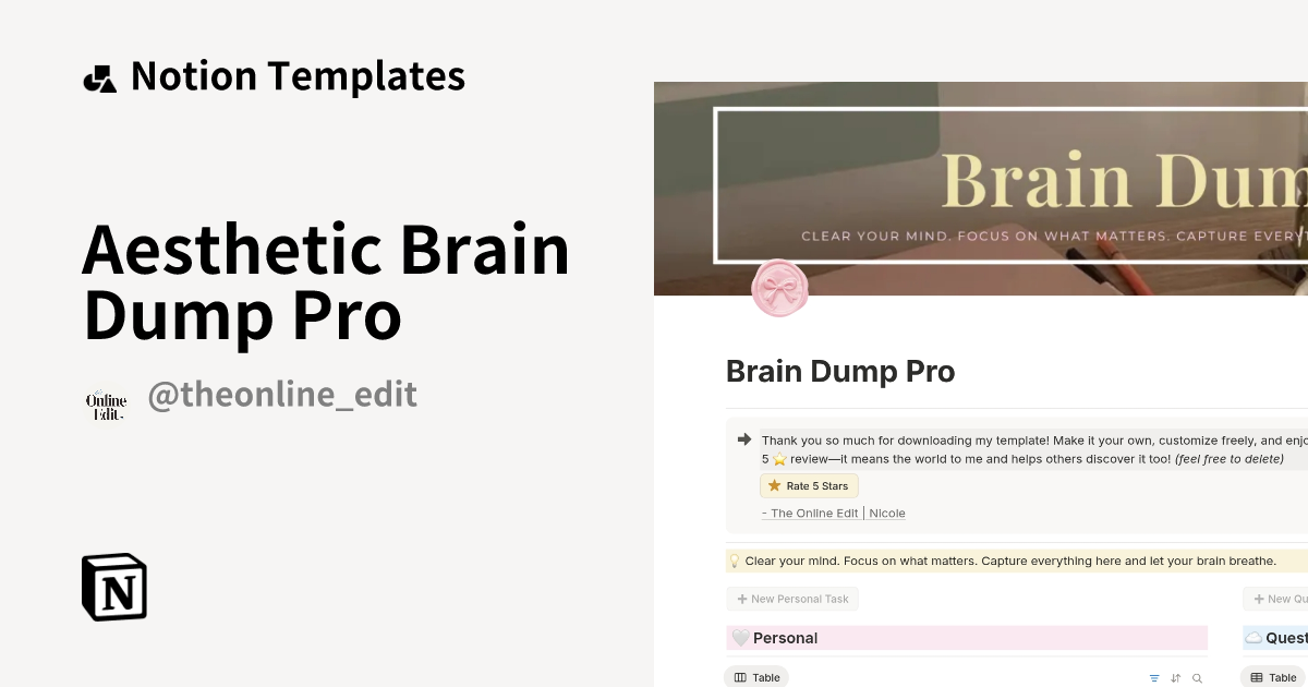 Aesthetic Brain Dump Pro Template by The Online Edit | Nicole | Notion ...