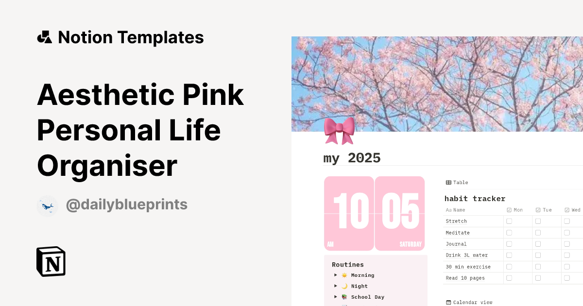 Aesthetic Pink Personal Life Organiser Template | Notion Marketplace