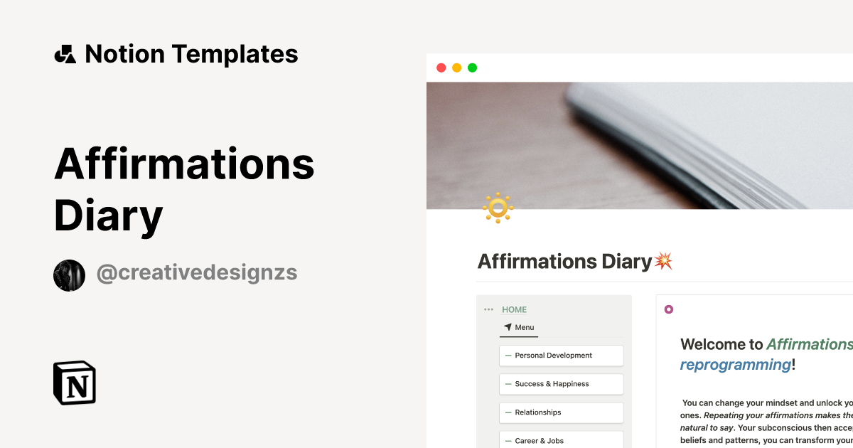 Affirmations Diary Template by Creative Designzs | Notion Marketplace