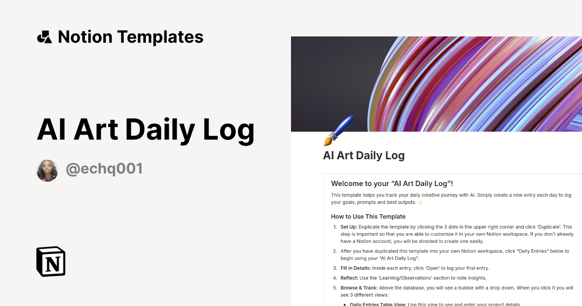 AI Art Daily Log Template by Elizabeth Creates HQ | Notion Marketplace