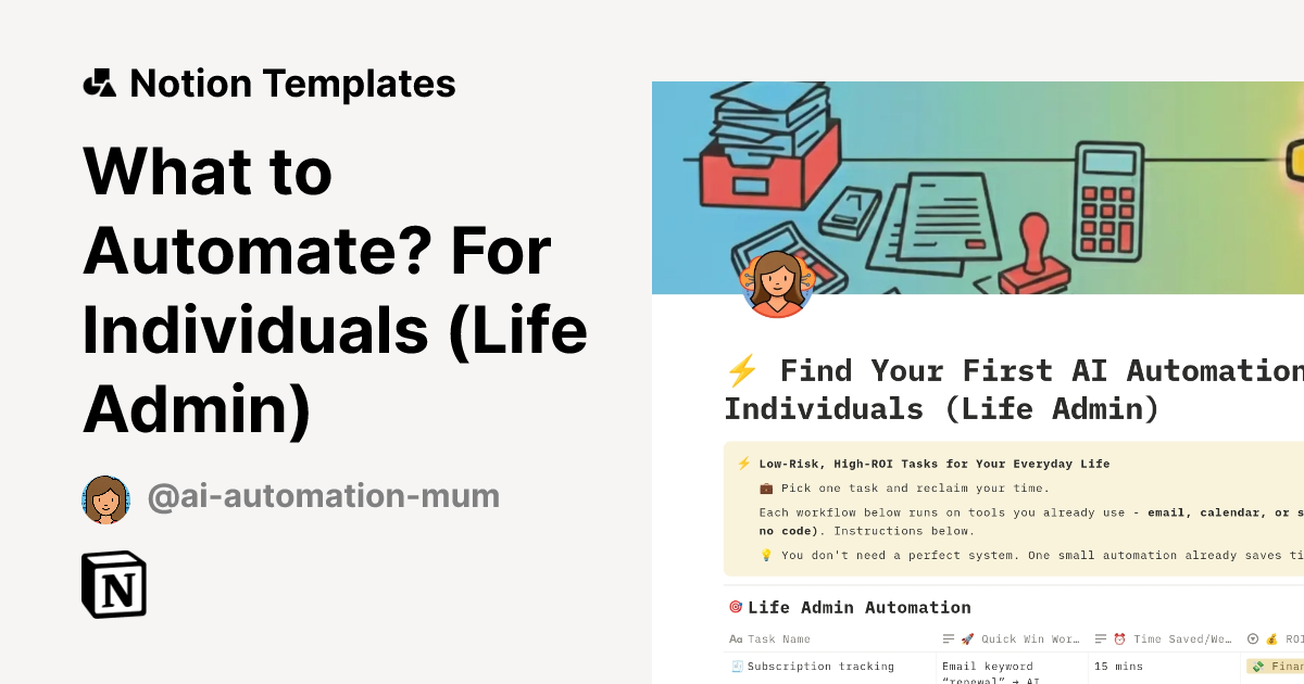 What to Automate? For Individuals (Life Admin) Template | Notion ...