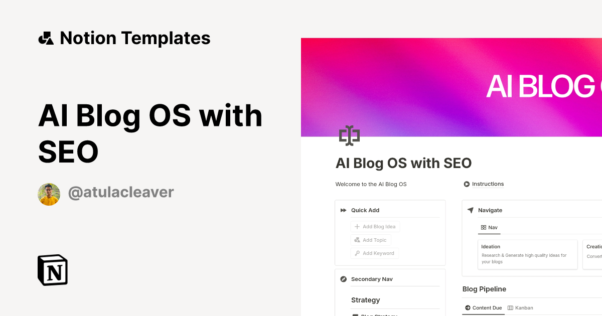 AI Blog OS with SEO Template by Atul | Notion4Creators | Notion Marketplace