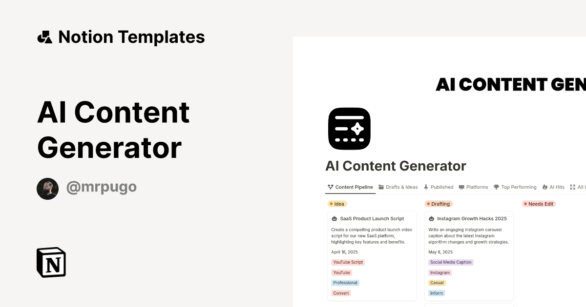AI Content Generator Template | Notion Marketplace