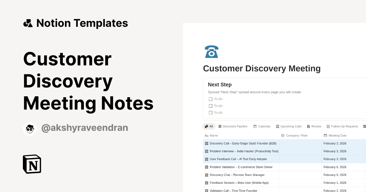 Customer Discovery Meeting Notes Template by Akshay Raveendran | Notion ...