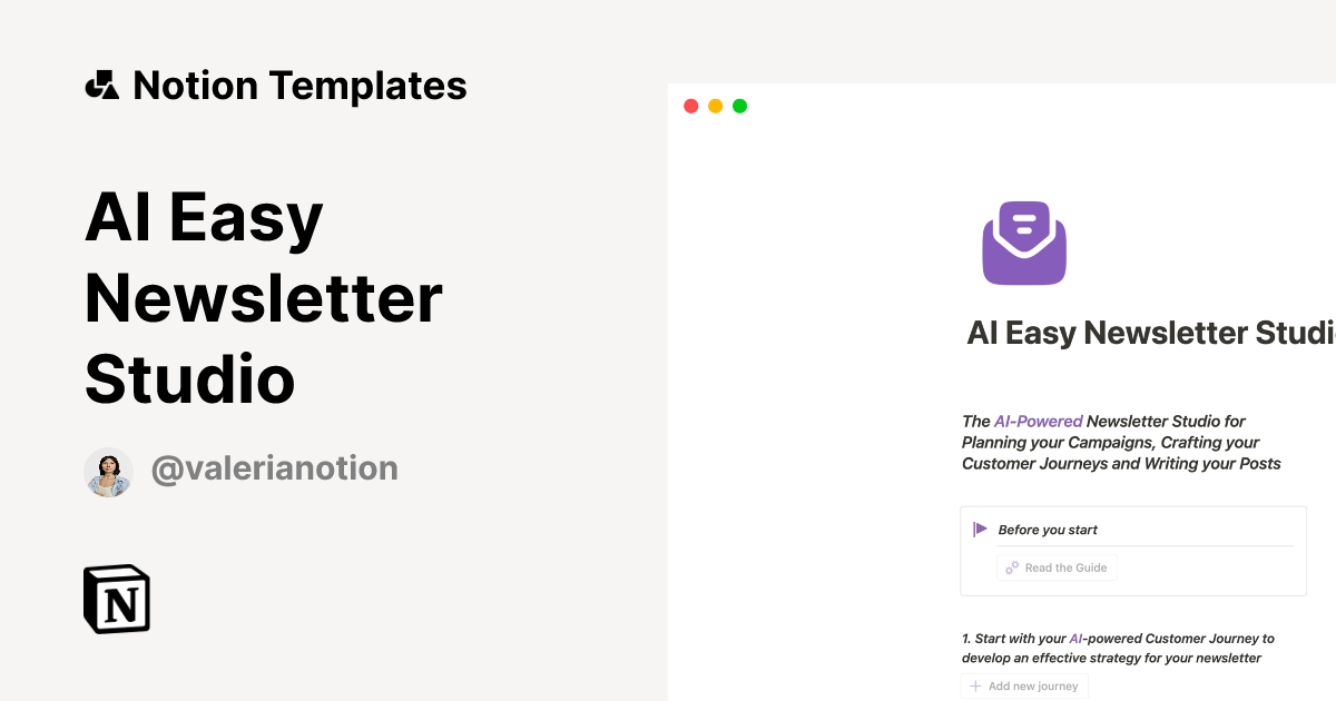 AI Easy Newsletter Studio Template by Valeria | Notion Marketplace