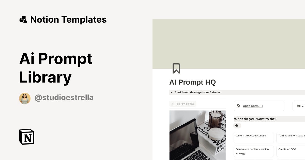 Ai Prompt Library Template by Studio Estrella | Notion Marketplace