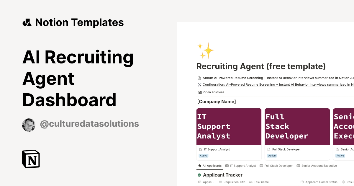 AI Recruiting Agent Dashboard Template by Culture Data Solutions | Notion Marketplace