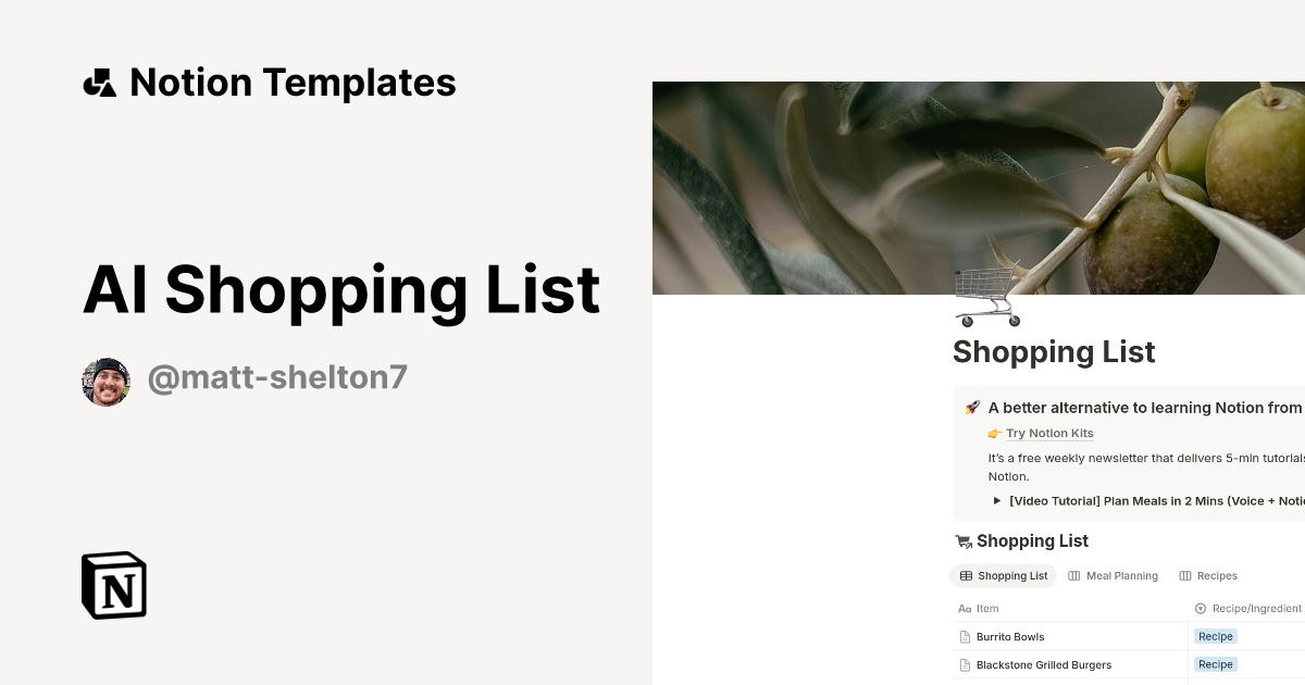 AI Shopping List Template by Matt Shelton | Notion Marketplace