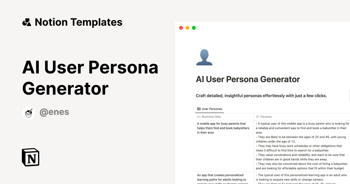 AI User Persona Generator Template by Enes | Notion Marketplace