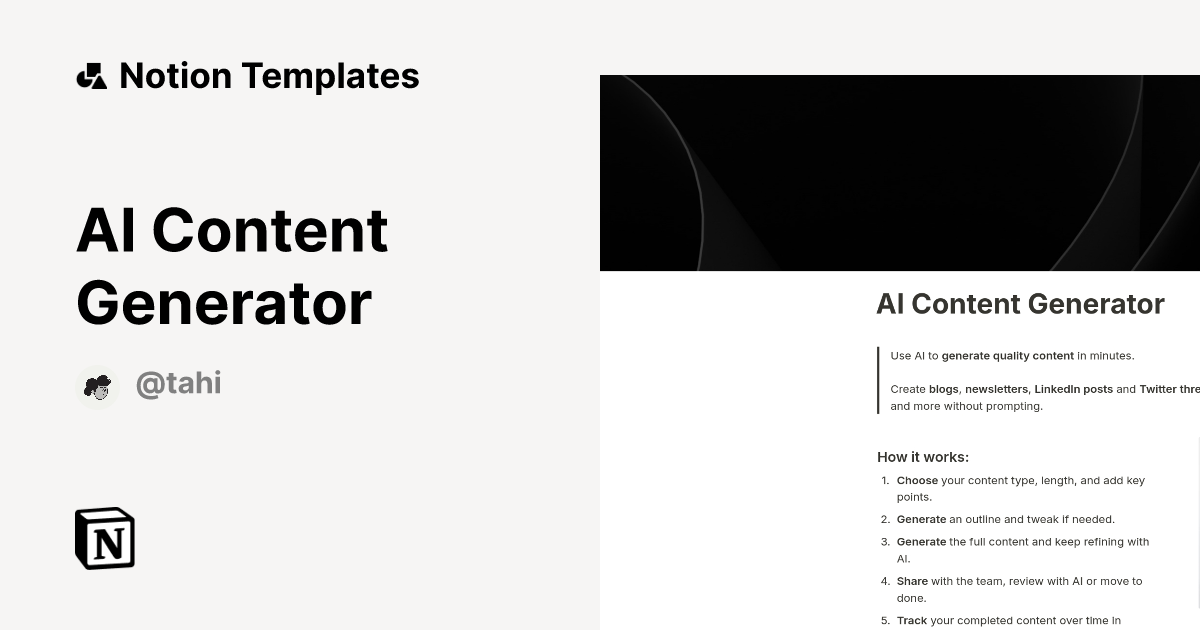AI Content Generator Template by Tahi | Notion Marketplace