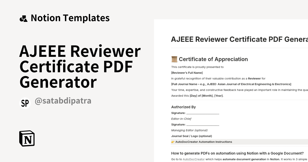 AJEEE Reviewer Certificate PDF Generator Template | Notion Marketplace