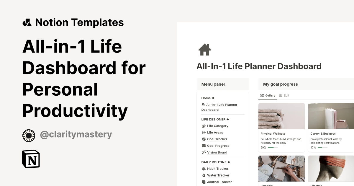 All-in-1 Life Dashboard for Personal Productivity Template | Notion ...