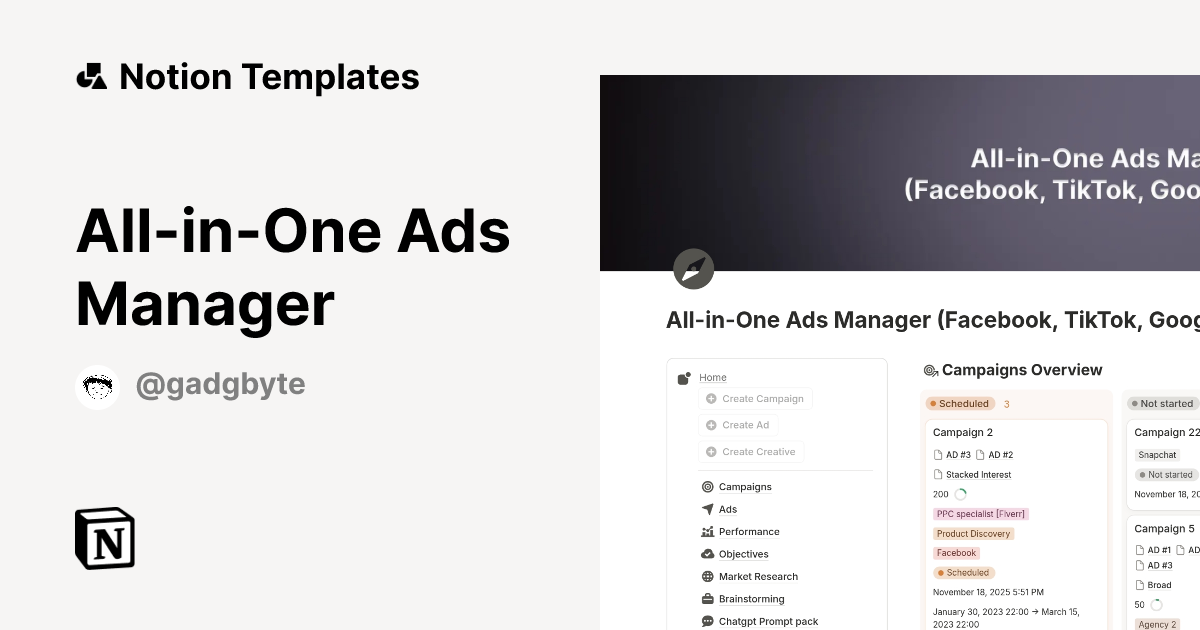 All-in-One Ads Manager Template by GadgByte | Notion Marketplace