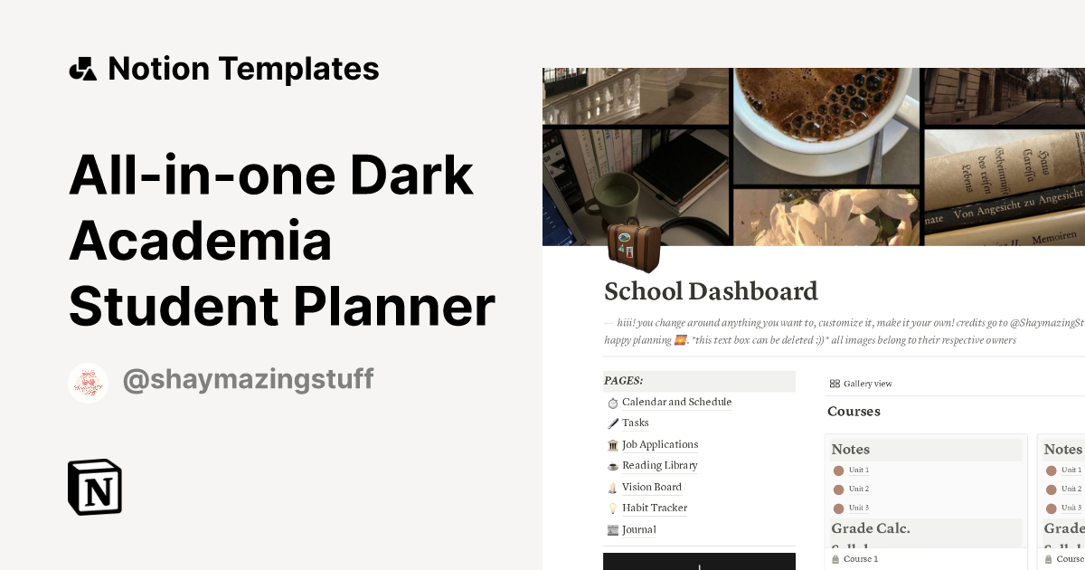 All-in-one Dark Academia Student Planner Template | Notion Marketplace