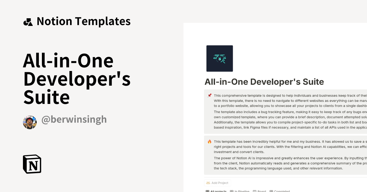 All-in-One Developer's Suite Template by Berwin Singh | Notion Marketplace