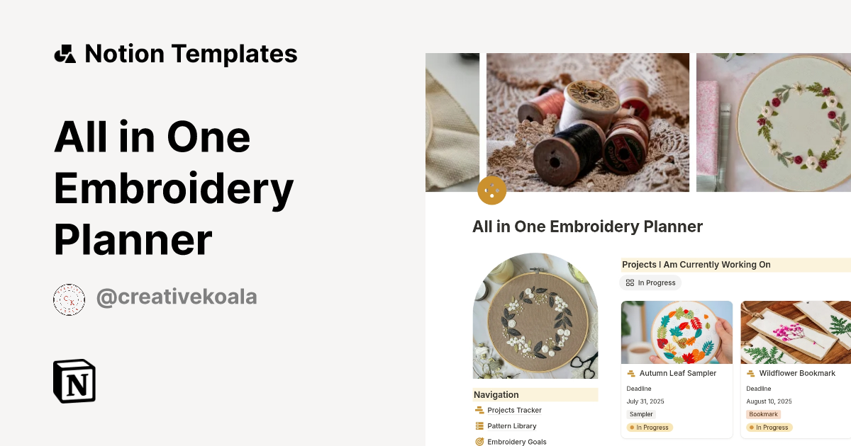All in One Embroidery Planner Template by Creative Koala | Notion ...