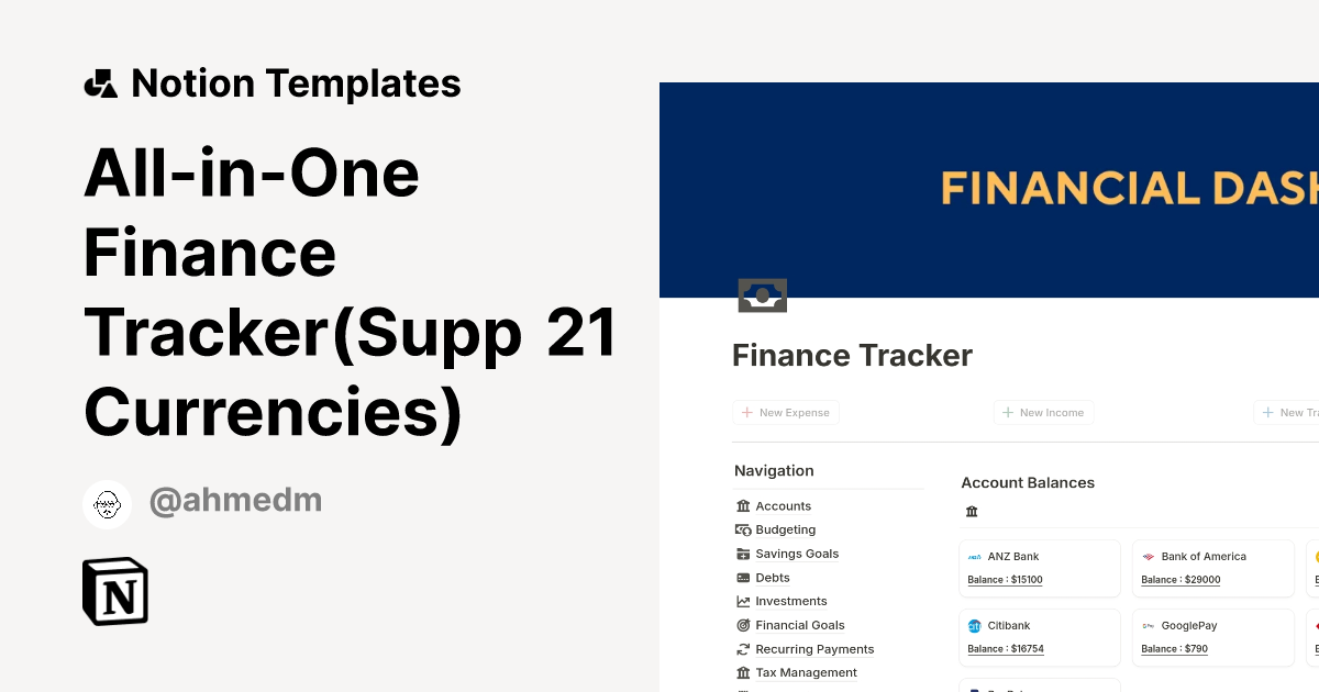All-in-One Finance Tracker(Supp 21 Currencies) Template by Ahmed M ...