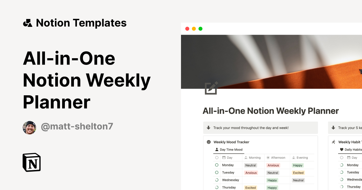 All-in-One Notion Weekly Planner Template by Matt Shelton | Notion Marketplace