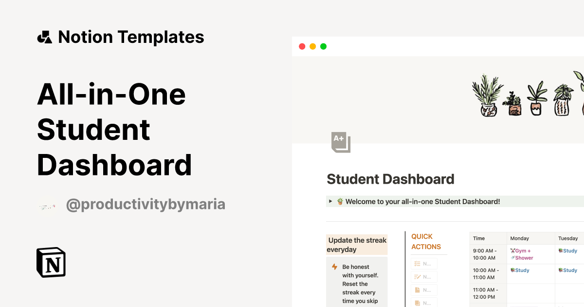 All-in-One Student Dashboard Template by Productivity By Maria | Notion ...