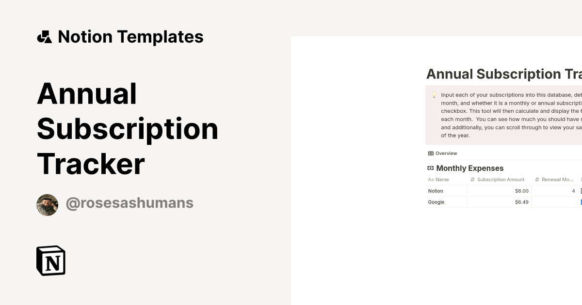 Annual Subscription Tracker Template by Roses as Humans | Notion ...