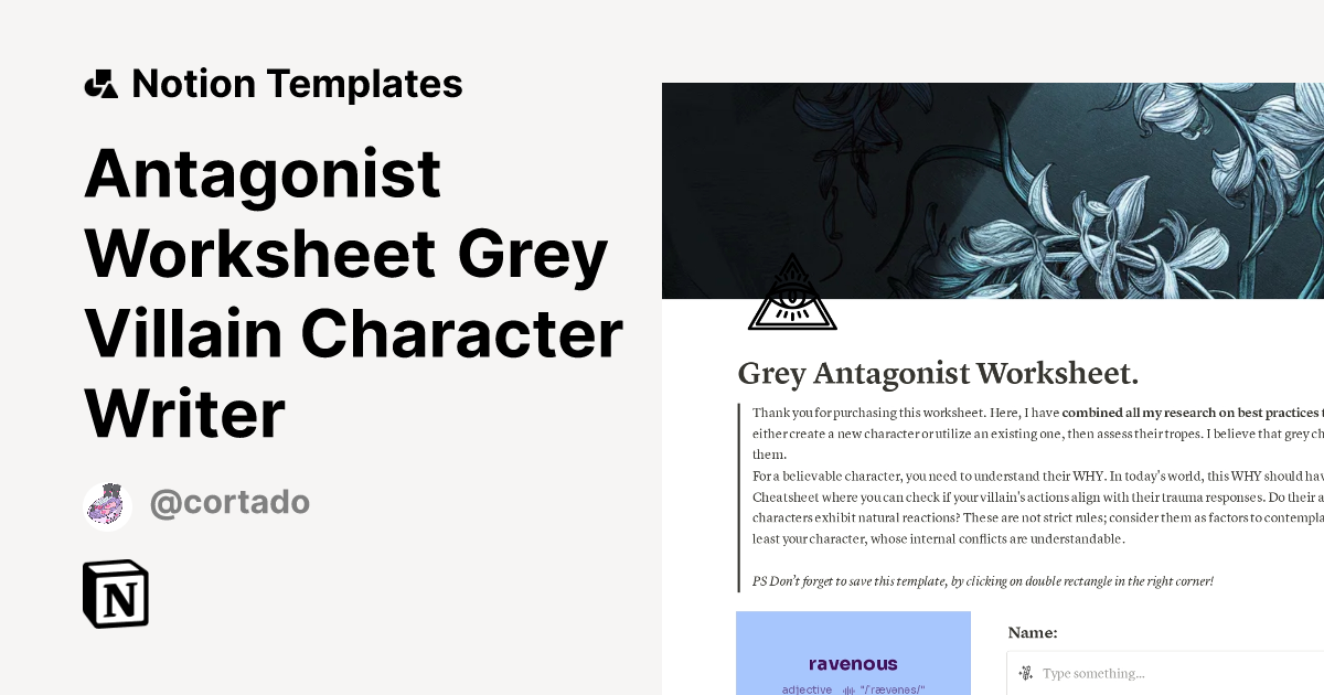 Antagonist Worksheet Grey Villain Character Writer Template | Notion ...