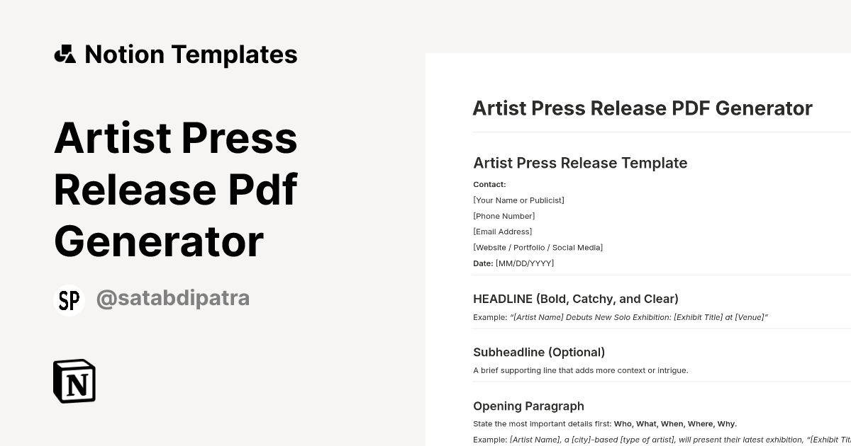 Artist Press Release Pdf Generator Template by Satabdi Patra | Notion ...